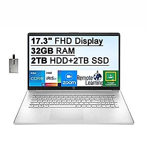 HP 2021 17.3" FHD IPS 250 Nits Laptop Computer, Intel Core i5-1155G7 Processor, 32GB RAM, 2TB HDD+ 2TB SSD, Backlit Keyboard, Intel Iris Xe Graphics, HD Webcam, HD Audio, Win11, Silver, 32GB USB Card