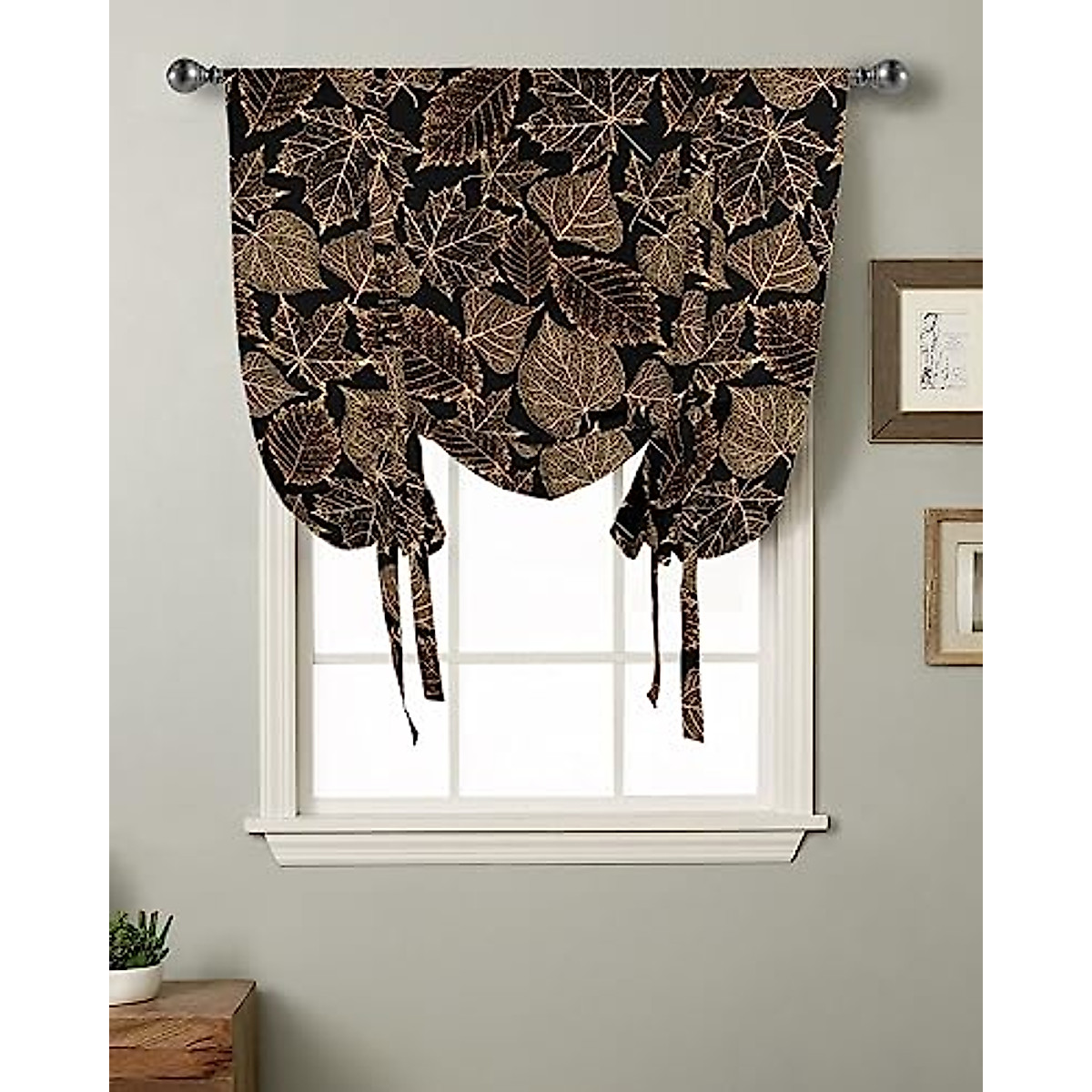 Thanksgiving Fall Tie Up Curtains for Kitchen Bathroom Bedroom Windows 63 Inch Length, Balloon Drape Curtains Shade Rod Pocket Drapery Curtain Gold Autumn Maple Leaves Black Backdrop 1 Panel, 52"x63"