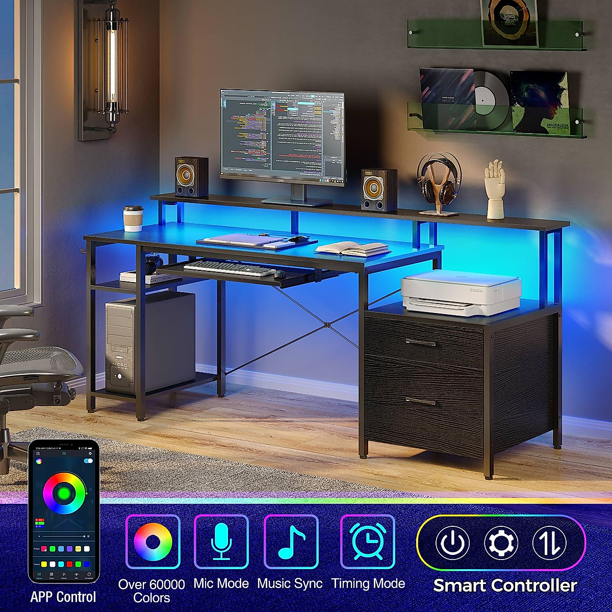 Rolanstar Computer Desk 63" with File Drawer, Gaming Desk with LED Light & Power Outlets, Home Office Desk with File Cabinet & Storage Shelves, with Monitor Stand & Keyboard Tray, Black
