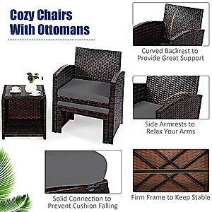 Tangkula 5 Pieces Patio Rattan Furniture Set, Outdoor Conversation Set with Cushioned Chair & Ottoman & Tempered Glass Coffee Table, All Weather Patio Sofa Sets for Garden, Backyard, Poolside (Grey)