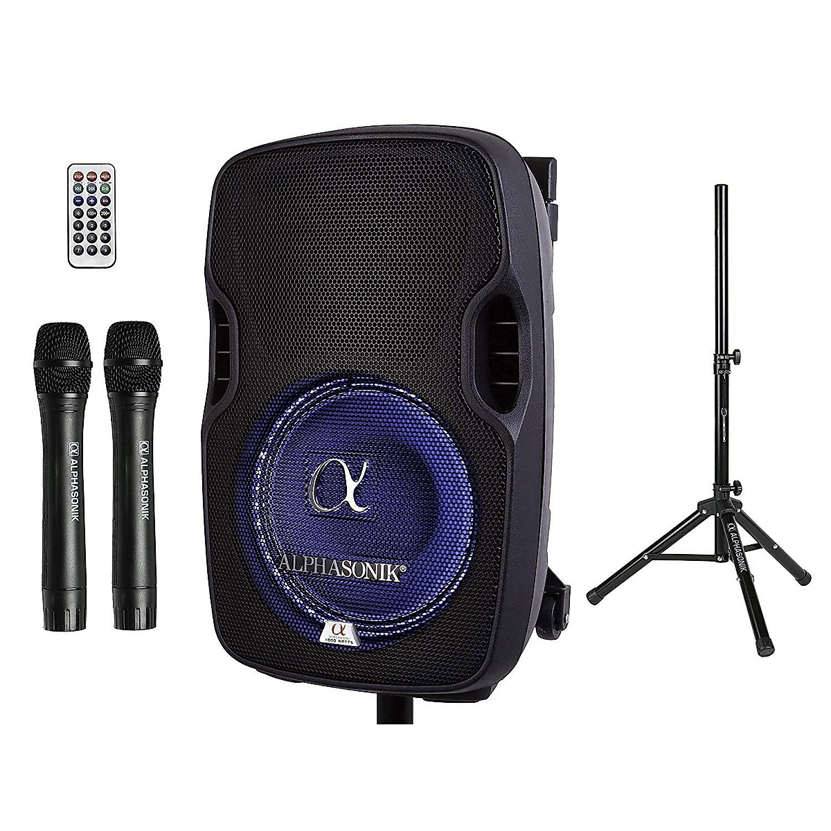 Alphasonik 8" Portable Rechargeable Battery Powered 800W Pro DJ Amplified Loud Speaker with 2 Wireless Microphones Echo Bluetooth USB SD Card Aux MP3 FM Radio PA System LED Ring Karaoke Tripod Stand