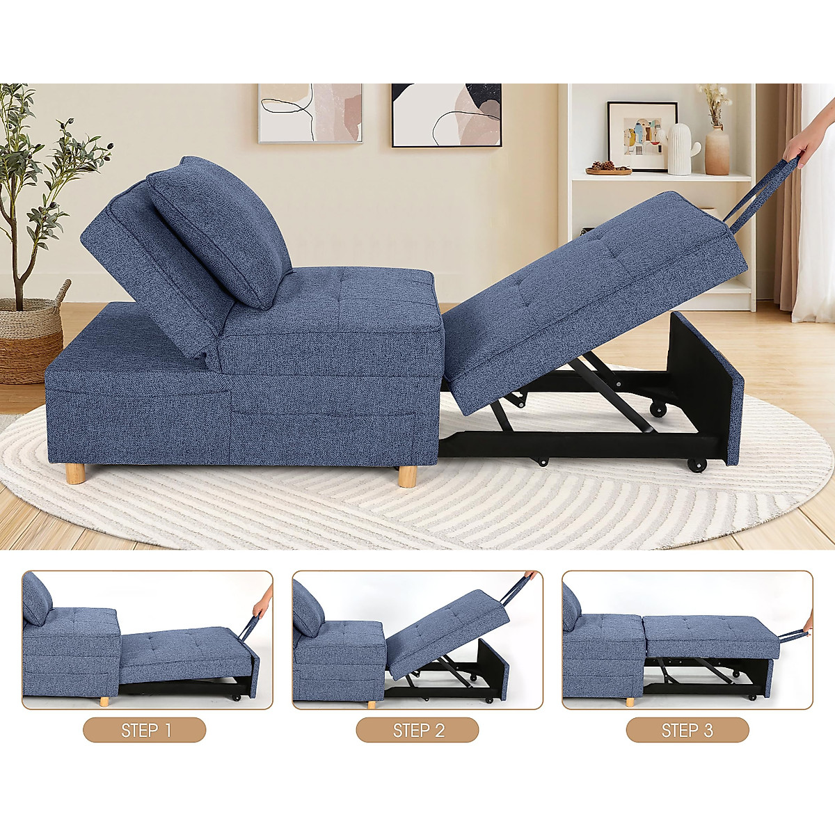 SEJOV Sleeper Sofa Chair Bed,4-in-1 Convertible Sofa Bed Chair with 6 Adjustable Backrest and Pillow, 3-Seat Pull Out Sleeper Chair Linen No Backrest for Bedroom Small Space Living Room, Navy Blue