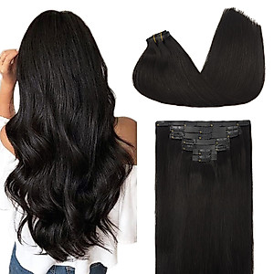 GOO GOO Clip in Hair Extensions Real Human Hair, Remy Human Hair Extensions Clip ins for Women, Natural Human Hair, 20inch 150g 7Pcs, 1B Natural black
