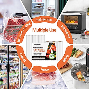 Anybear Vacuum Sealer Bags Rolls, 3 Pack 11''x16' & 3 Pack 8''x16' Commercial Food Storage Bags for Custom Fit with BPA Free and Heavy Duty, Use for Storing Raw and Cooked Foods Meal Prep or Sous Vide