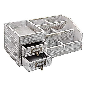 Distressed Rustic Wooden Office Desktop Organizer Wood Shelf Tabletop Home Organizer Storage with Multiple Compartments 2 Tier Drawers,perfect Jewelry storage Display Box for Desk, Vanity (gray)