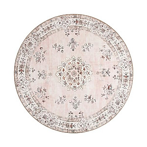 Lahome Machine Washable Round Rug 5Ft, Soft Boho Pink Round Area Rugs for Nursery and Girls Bedroom, Pastel Floral Ultra-Thin Non-Slip Circle Carpet for Living Room Indoor Floor Home Office Decor