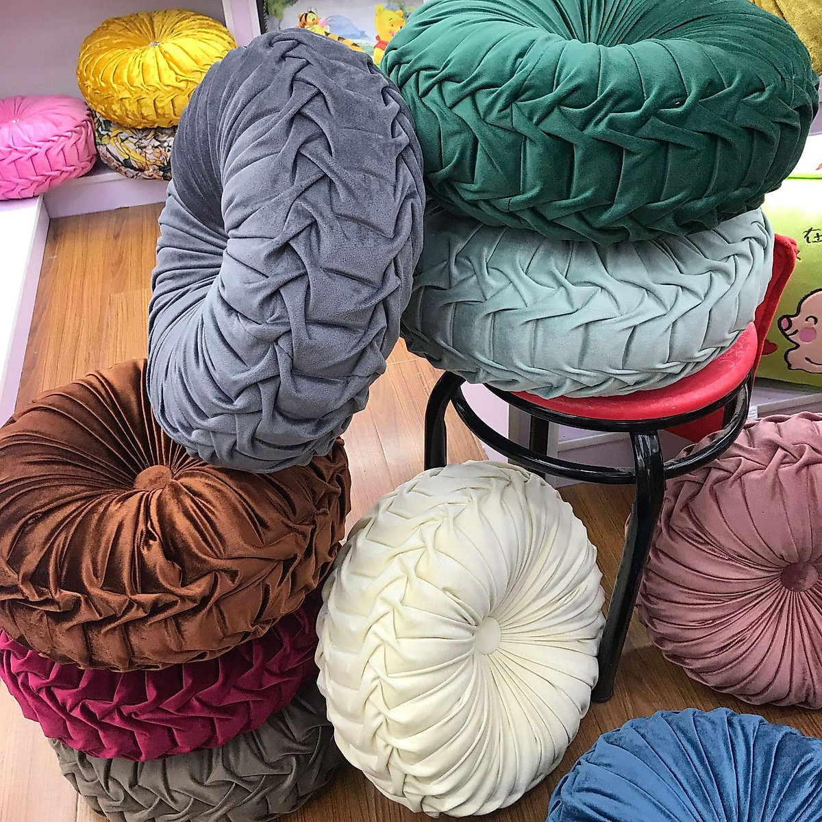 Elero Round Throw Pillow Velvet Home Decoration Pleated Round Pillow Cushion for Couch Chair Bed Car Beige