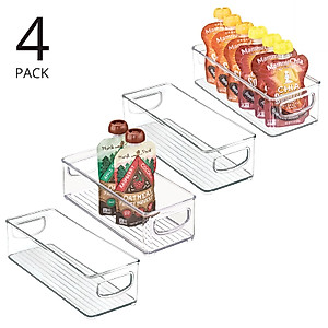 mDesign Plastic Stackable Small Organizing Bin Kitchen Pantry Cabinet, Refrigerator, Freezer Food Organization Storage Bins with Handles, Drawer Container Organizer for Yogurt, Pouches, 4 Pack - Clear