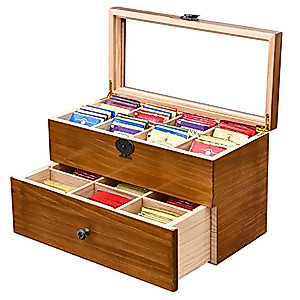 WELLAND Tea Box for Tea Bags Organizer, Tea Storage Chest with Clear Acrylic Window, 2-layer 14 Compartments Large Tea Organizer, Gift Idea