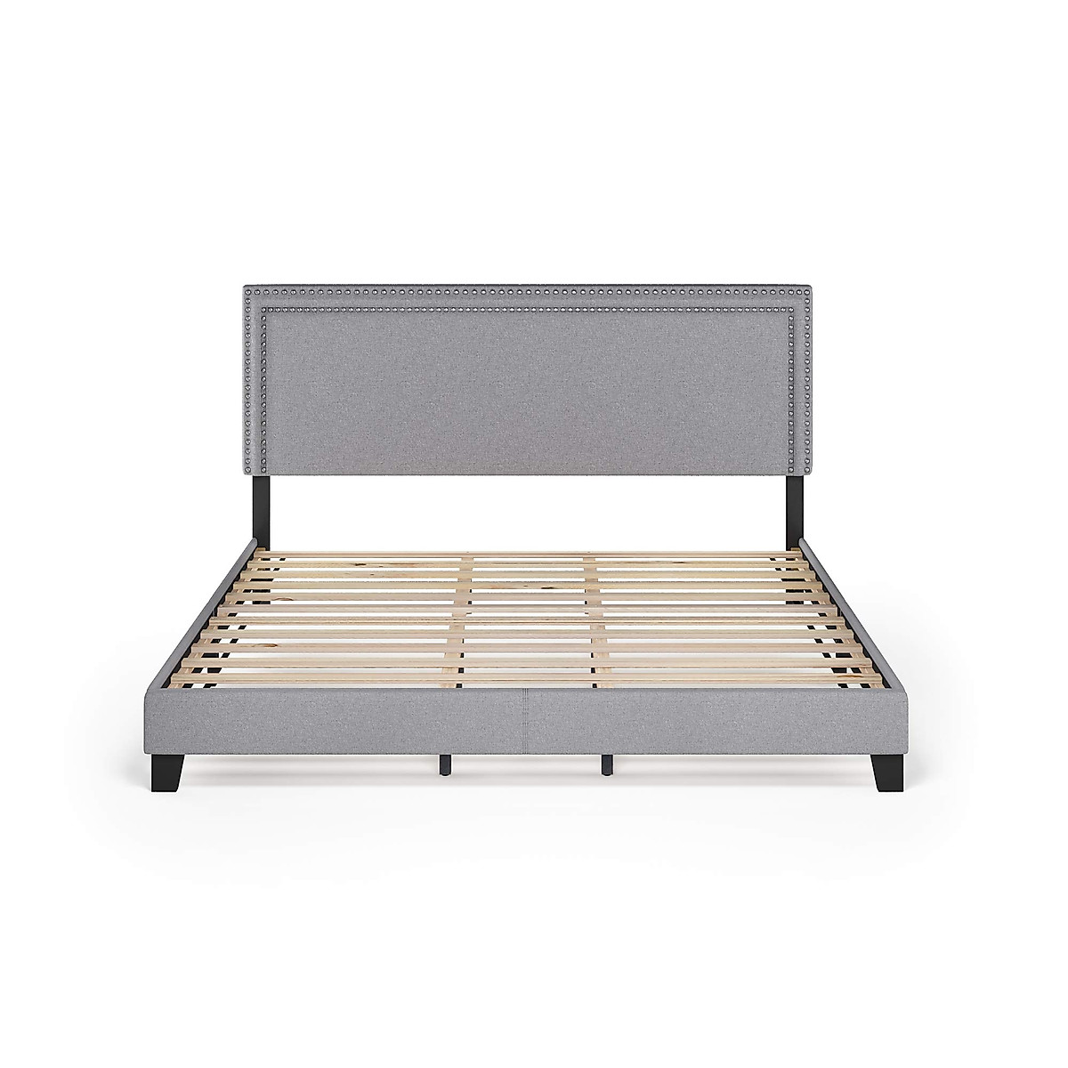 Furinno Laval Double Row Nail Head Upholstered Platform Bed Frame, King, Glacier