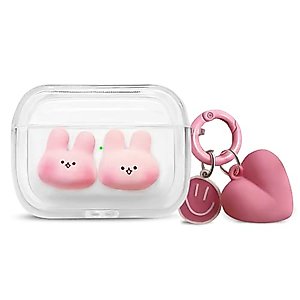 Woyinger Airpods Pro Case Cover with Keychain,Cute Kawaii Cartoon 3D Stereoscopic Pink Rabbit Head Clear Soft TPU Full Protection Shockproof Charging Case Cover Airpods Pro Case.