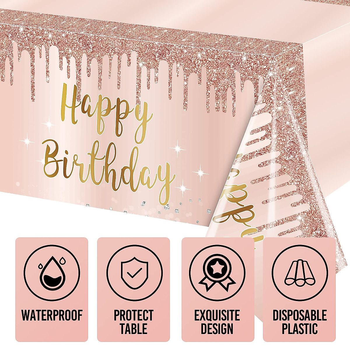 3 Pcs Pink Rose Gold Happy Birthday Tablecloth Decorations for Women, Happy Birthday Table Cover Party Supplies, 16th 21st 30th 40th 50th Birthday Plastic Disposable Rectangular Table Cloth Decor