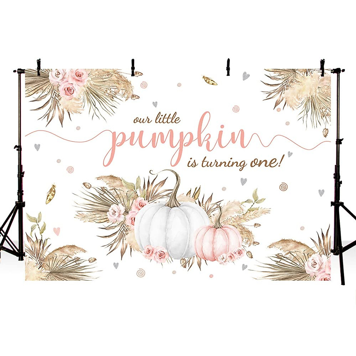 MEHOFOND 7x5ft Fall Pumpkin 1st Birthday Backdrop Boho Pink Floral Our Little Pumpkin is Turning One Banner Fall Autumn First Birthday Photography Background Cake Table Smash Photo Props