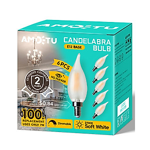 E12 100W Equivalent Frosted LED Candelabra Bulb CA10, Dimmable Small Base for Chandeliers, Ideal for Living Rooms, Dining Areas, and Hallways, Energy-Efficient for Cozy Indoor Lighting