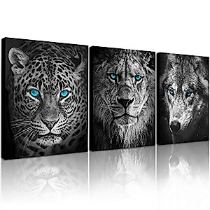 QTESPEII Black and White Animals Pictures Wall Art Decor for Bathroom Leopard Lion Wolf Head with Blue Eyes Paintings Canvas Prints Wildlife Artwork Framed Modern Home Office Decor 12"x16" 3 Panels