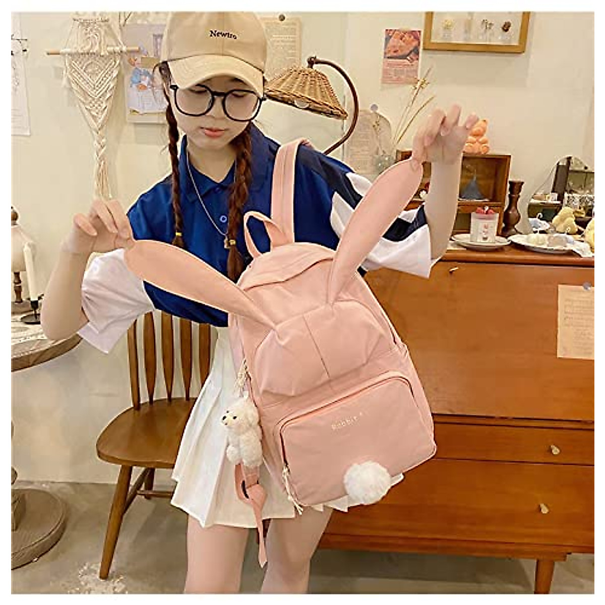 SUFUZEGA Kawaii Bunny Ear Backpack with Cute Bear Pendant for Girl Student Teen School Bag Book Bag Travel Backpack (Large, A-Pink)