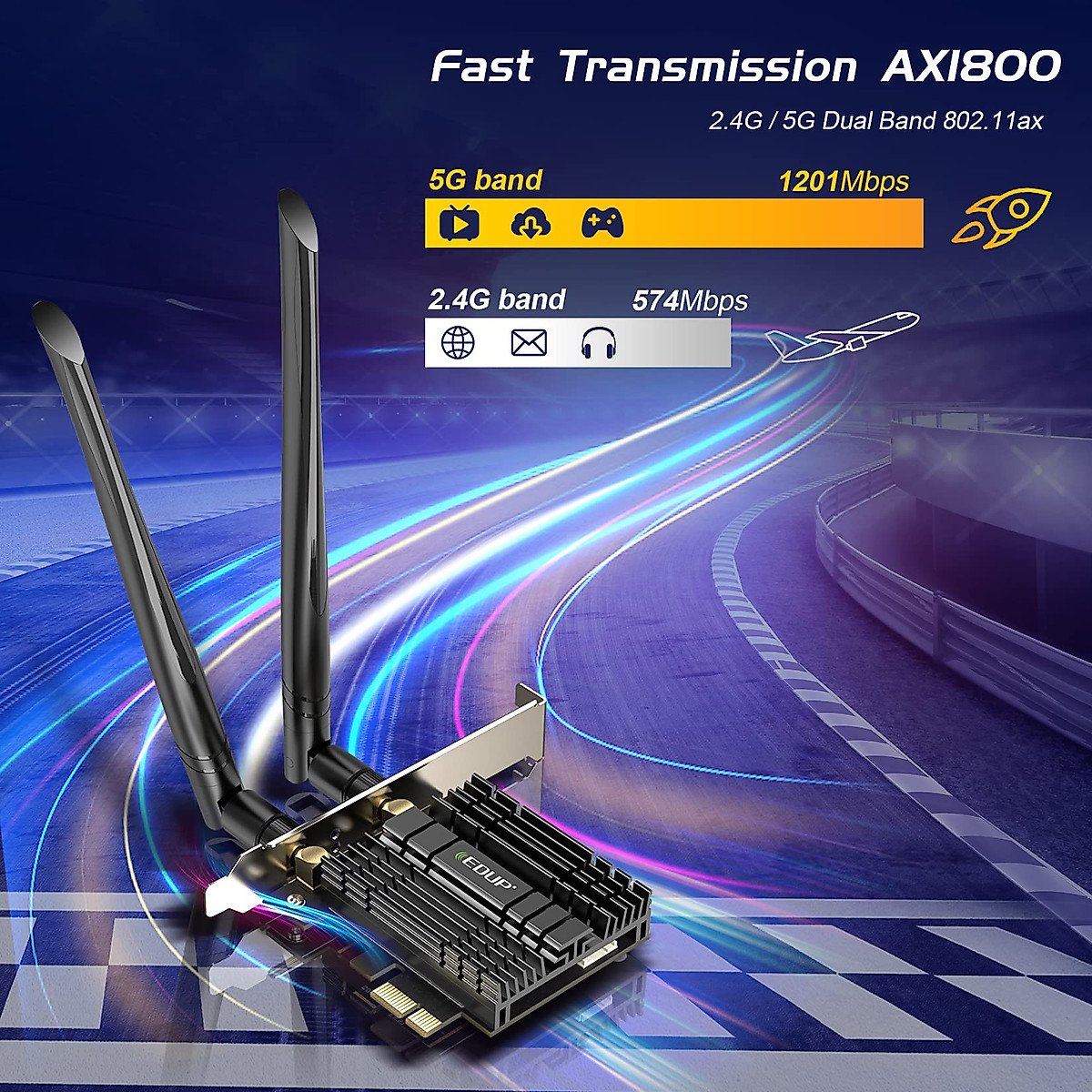EDUP PCI-E WiFi 6 Network Card AX1800Mbps Bluetooth 5.2 Heat Sink 802.11AX 2.4Ghz/5.8Ghz Wireless PCIe Network Wi-Fi 6 Card PCI Express WiFi Adapters 6dBi Dual Band Antenna for Windows 11/10 64-bit