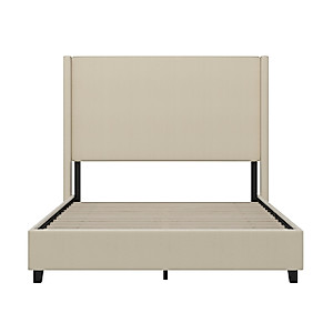 Merrick Lane Bramlett Modern Platform Bed - Beige Faux Linen - Queen - Padded Wingback Headboard - 3" Floor Clearance - Wood Support Slats - No Box Spring Needed