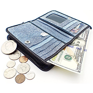 Bijoux de Ja Upcycling Blue Denim Bifold Money Zip Coin Card Holder Organizer Compact Wallet for Women