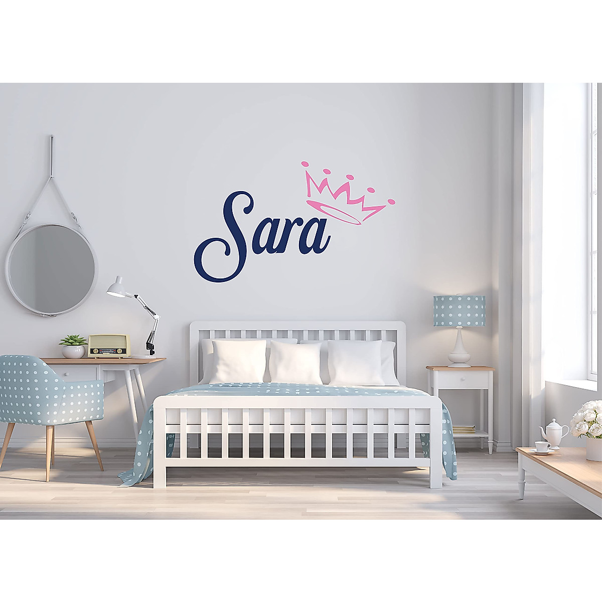 Personalized Name Vinyl Wall Decal with Princess Crown - Customized Name with Tiara Home - Decor for Young Girl's Bedroom, Nursery, or Playroom - Removable Sticker