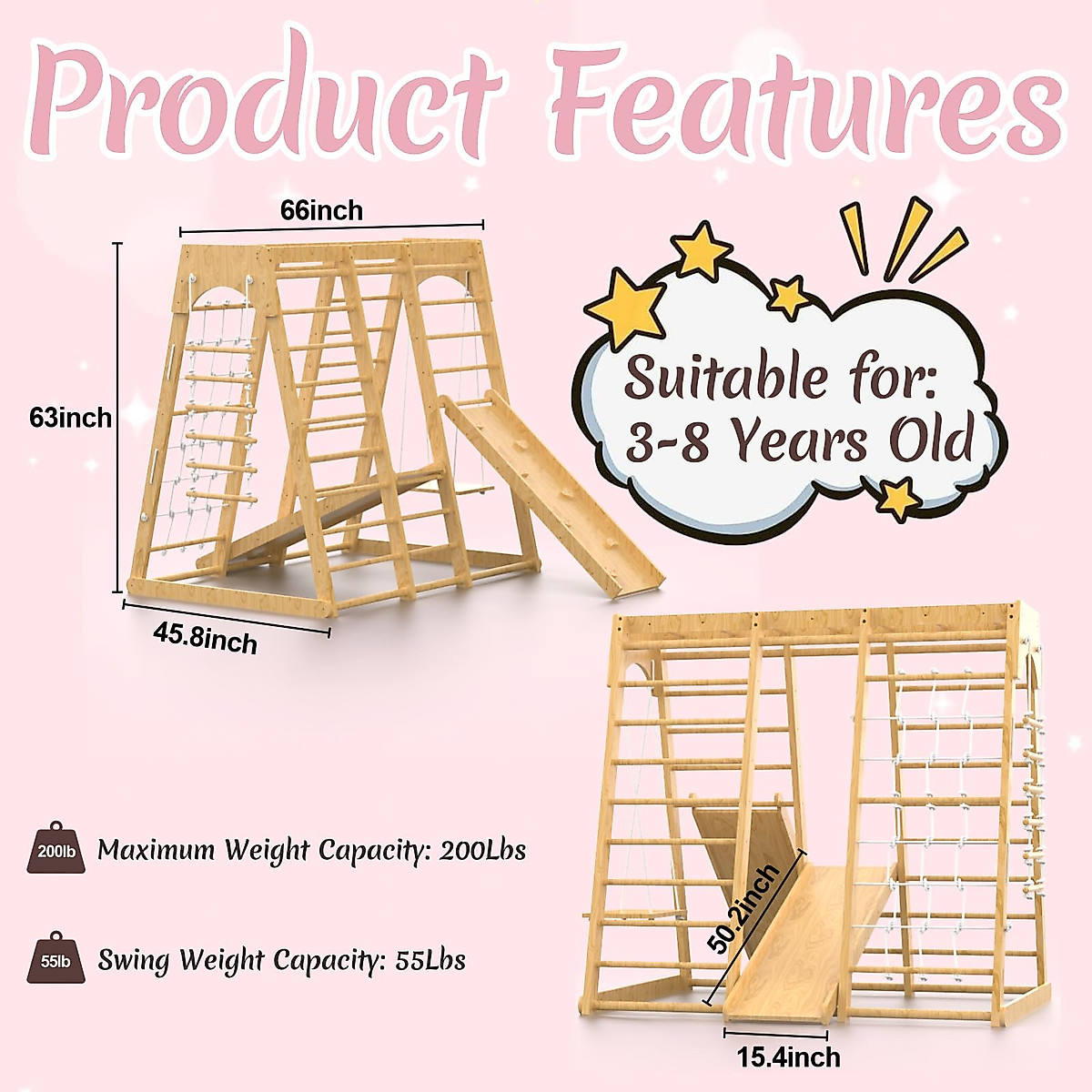 Baby Climbing Toys Indoor, 66inch Indoor Jungle Gym, Toddler Indoor Playground Set 8-in-1 with Armband, Swing, Monkey Bar, Slide, Rock Climb Wall, Wood & Rope Ladder, Rope Wall Ladder for Kids 1-8yrs