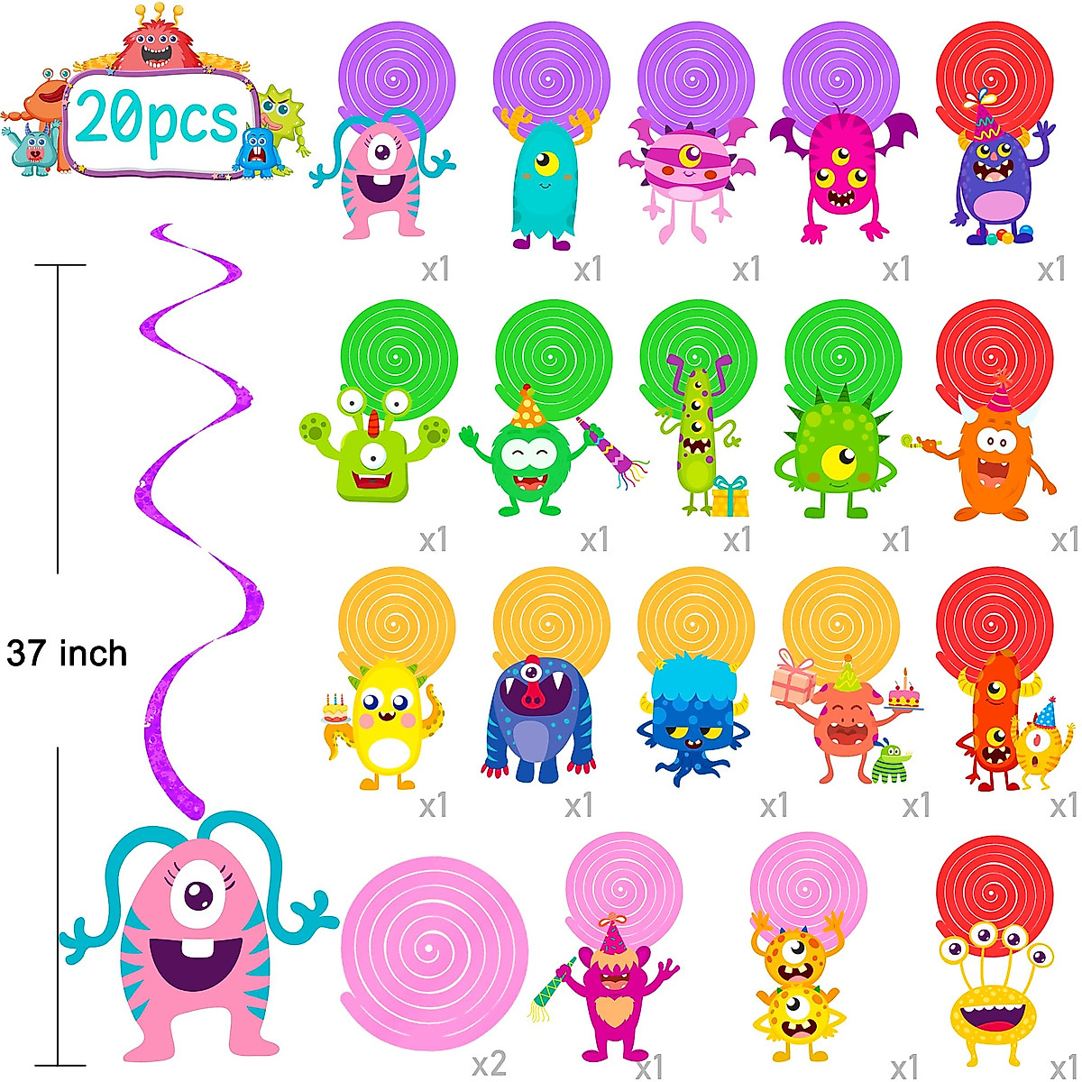20pcs Cartoon Monster Hanging Swirls Decorations Monster Bash Birthday Party Decorations Little Monster Ceiling Streamers Decorations for Monster Birthday Party Baby Shower Supplies