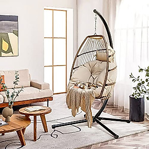 Devoko Egg Chair Indoor Outdoor Hanging Swing Chair Wicker Rattan Patio Hammock Chair with Stand Soft Cushion for Bedroom Garden Backyard (Tan)