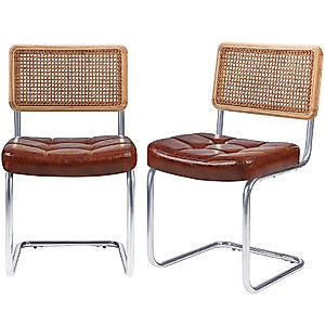 LEMBERI Mid-Century Modern Dining Chairs Set of 2, Upholstered Tufted Faux Leather Accent Chairs Rattan Dining Chair Armless Mesh Back with Metal Chrome Legs, Brown