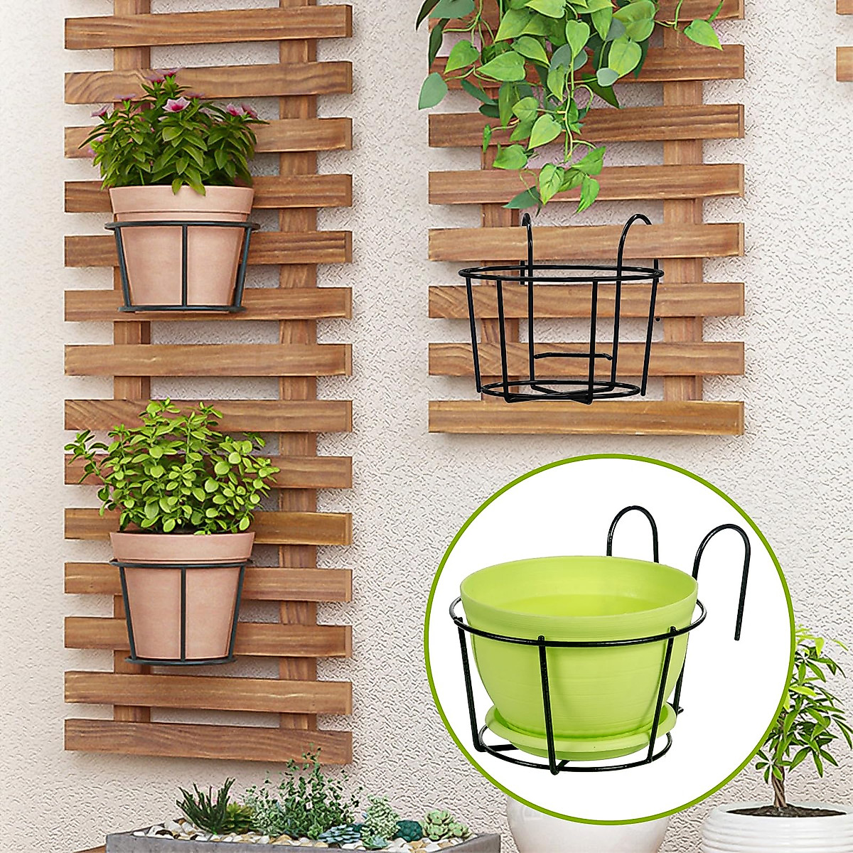 Leoenir 4 Pack Round Hanging Railing Planters - Metal Flower Pot Holder for Balcony and Fence （Black）