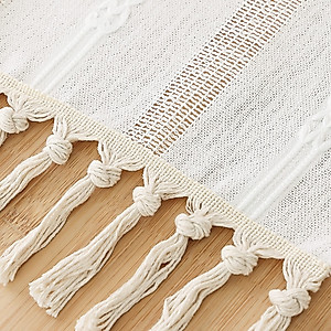 Rustic Linen Table Runner Farmhouse Striped Embroidered Boho 48 Inches Long Table Runners Hollow Handmade Woven Tassel for Kitchen Dining Holiday Wedding Party Home Decor ( White, 14" W X 48" L)