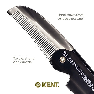Kent 87T Graphite Handmade Folding Pocket Comb for Men, Fine Tooth Hair Comb Straightener for Everyday Grooming Styling Hair, Beard or Mustache, Saw Cut Hand Polished, Made in England