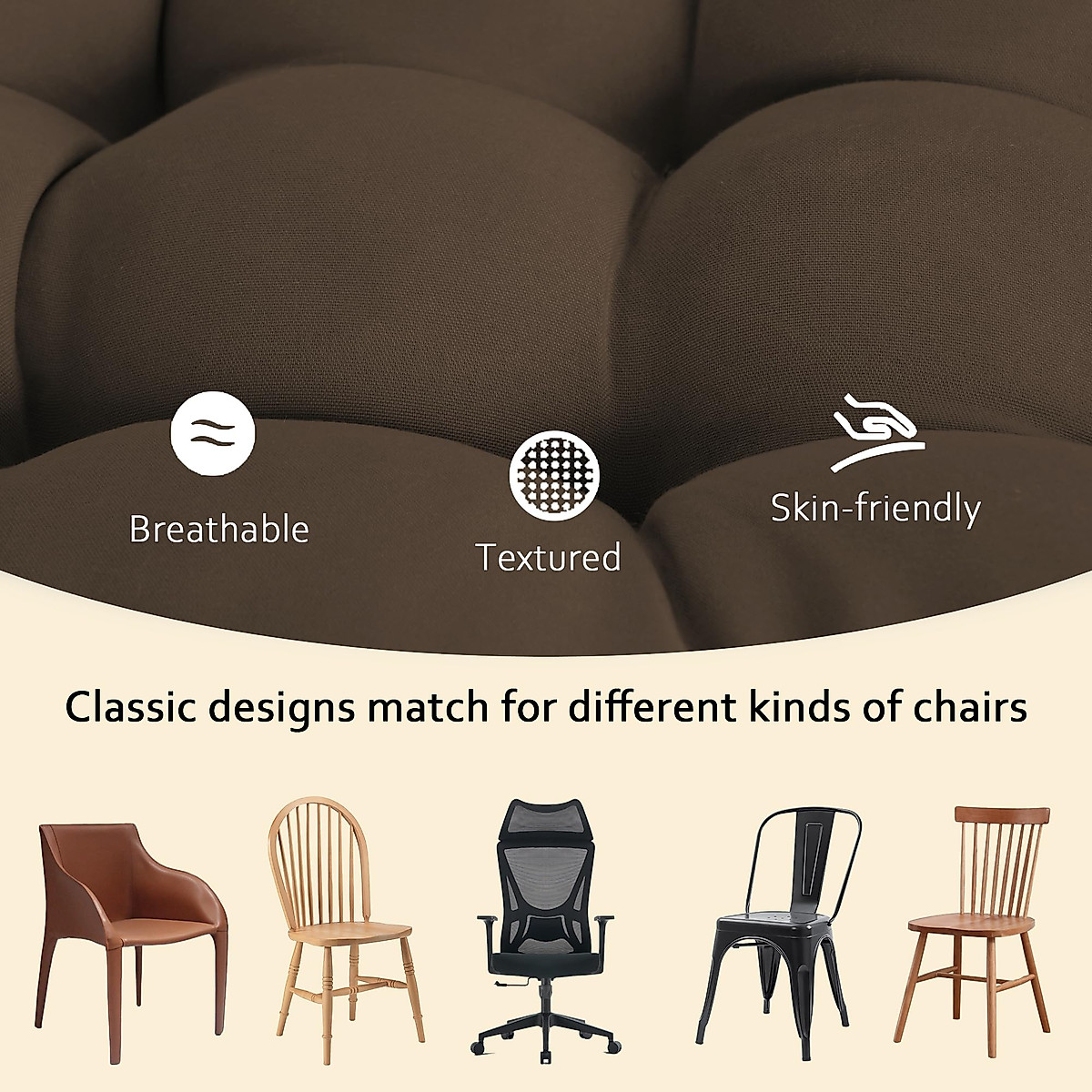 ELFJOY 4 Pack Chair Cushions for Dining Chairs 17x17 inch Seat Cushions for Kitchen Chairs Soft and Comfortable Square Chair Pads with Ties, Coffee