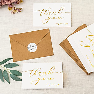 Crisky 50 Pcs Gold Foil Thank You Cards With 50 Envelopes & 50 Stickers Simple, Chic, Elegant Greeting Cards Perfect for: Wedding/Business/Birthday/Graduation etc. 4 x 6 inches 50 Pack