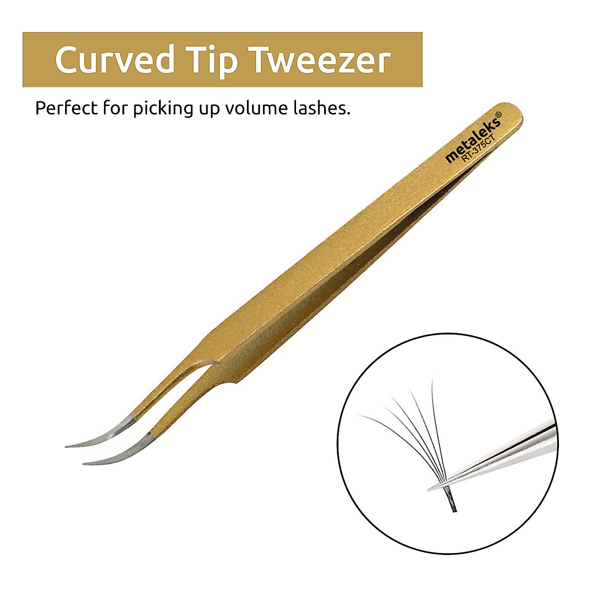 Tweezers for Eyelash Extension Hand Crafted Surgical Stainless Steel Metallic Gold Powder Coated (Curved Tip)