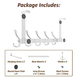 CHAUNCEY HOME Over The Door Hooks Hanger with Extended Arms for Easy Access by Women - Bathroom Accessories and Towel Rack Organizer Holder for Living Room Bedroom Hanging - 1 Pack, White