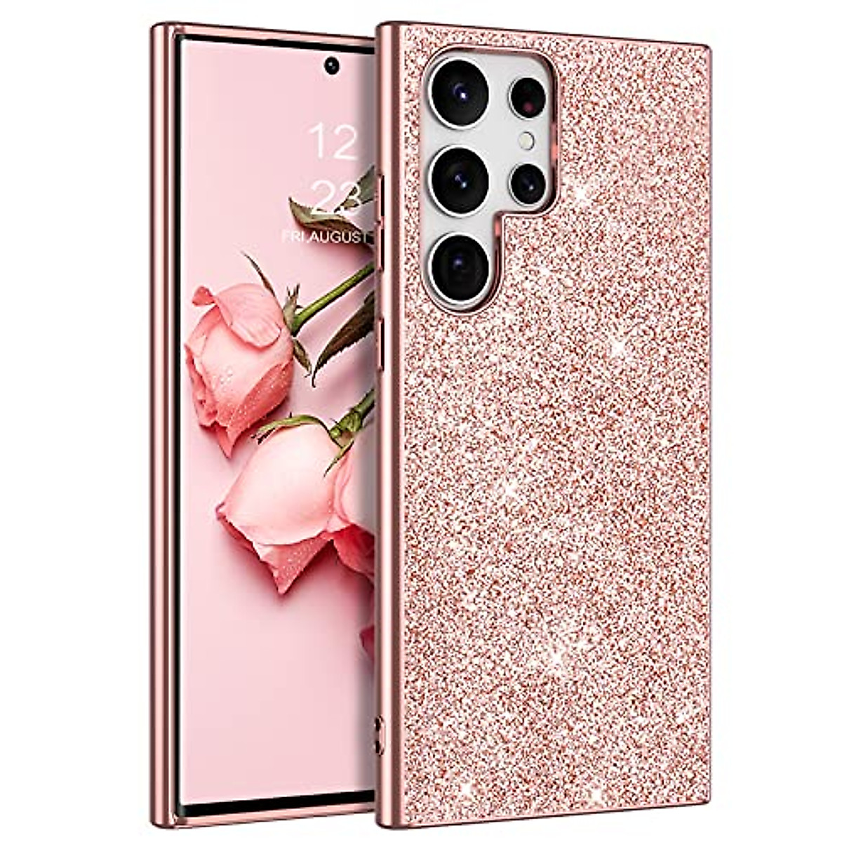 YINLAI Case for Samsung Galaxy S23 Ultra Case, 6.8 Inch Glitter Bling Sparkly Shiny Slim Women Girls Hybrid Soft Smooth Shockproof Protective Girly Phone Cases Cover, Rose Gold/Pink