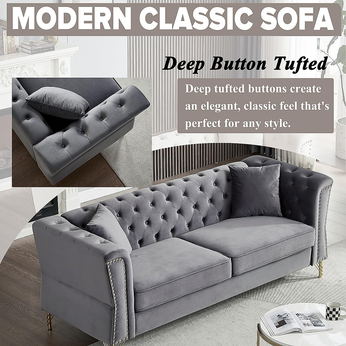 lunhung 81" Chesterfield Velvet Sofa for Living Room,3-Seater Sofa Tufted Couch with Golden Metal Legs & Nailhead,2 Pillows, Rolled Arms Sofa for Living Room,Bedroom,Office,Apartment (Grey)