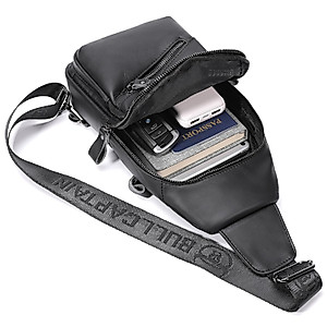 BULLCAPTAIN Mens Leather Sling Bag Backpack Casual Outdoor Shoulder Crossbody Chest Bag with USB Charging Port (Black)