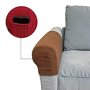 Garayma Sofa Armrest Covers Arm Slipcovers with a Pocket Elastic Sofa Armrest Protector Removable Couch Arm Covers for Sofa Anti-Slip Armrest Covers Christmas Furniture Deco Pack of 2 (Coffee)