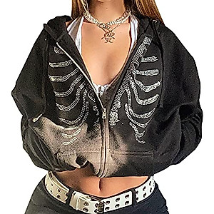 Fabumily Women Zip Up Hoodie Casual Long Sleeve Y2K Vintage Graphic Aesthetic Sweatshirts Top E-Girl 90s Streetwear Jacket(D- Black, Large)