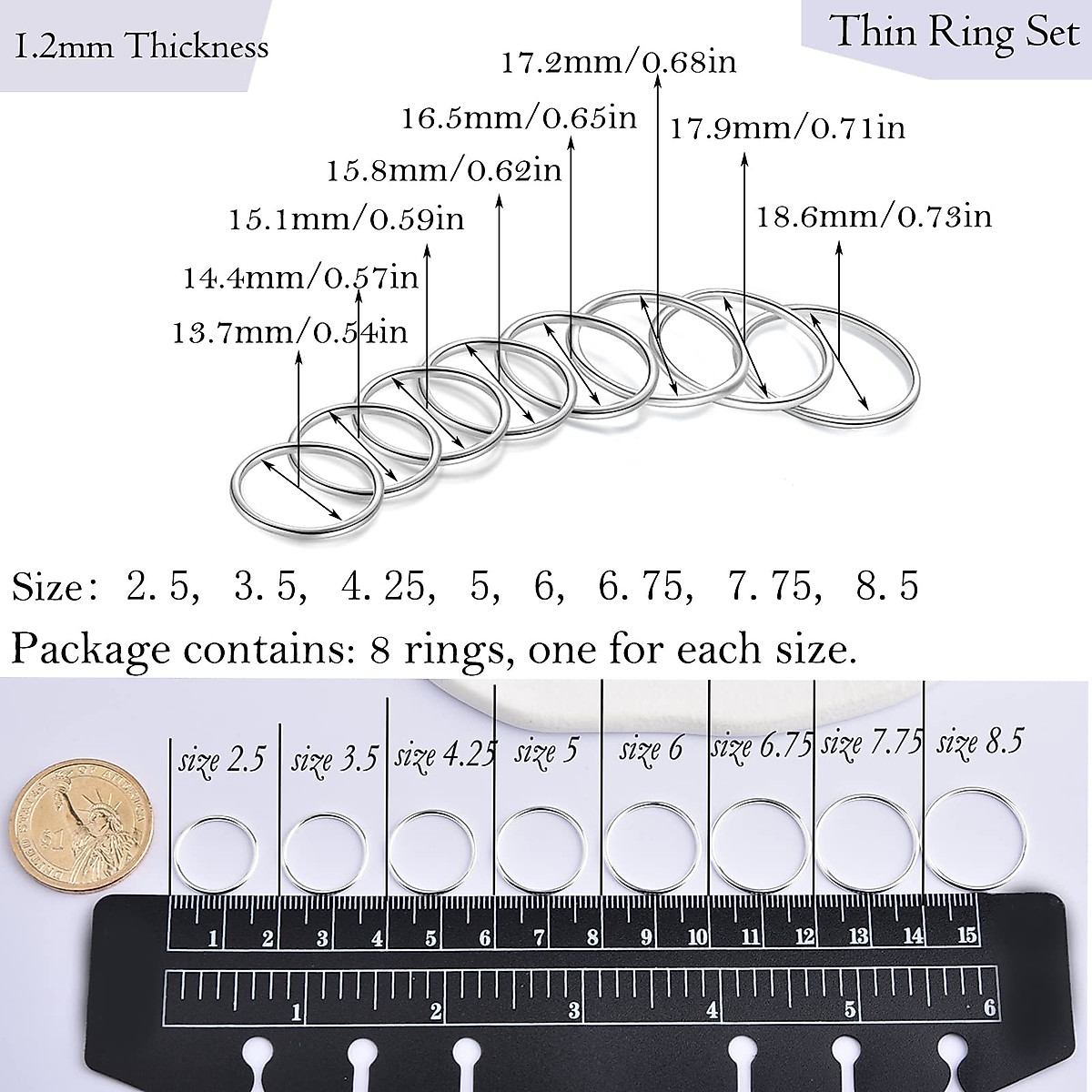 CANDYFANCY 925 Sterling Silver 1.2mm Stacked Midi Thin Rings for Women Knuckle Ring Band Stacking Ring Set Size 2.5-8.5 (Silver 8 Pcs)