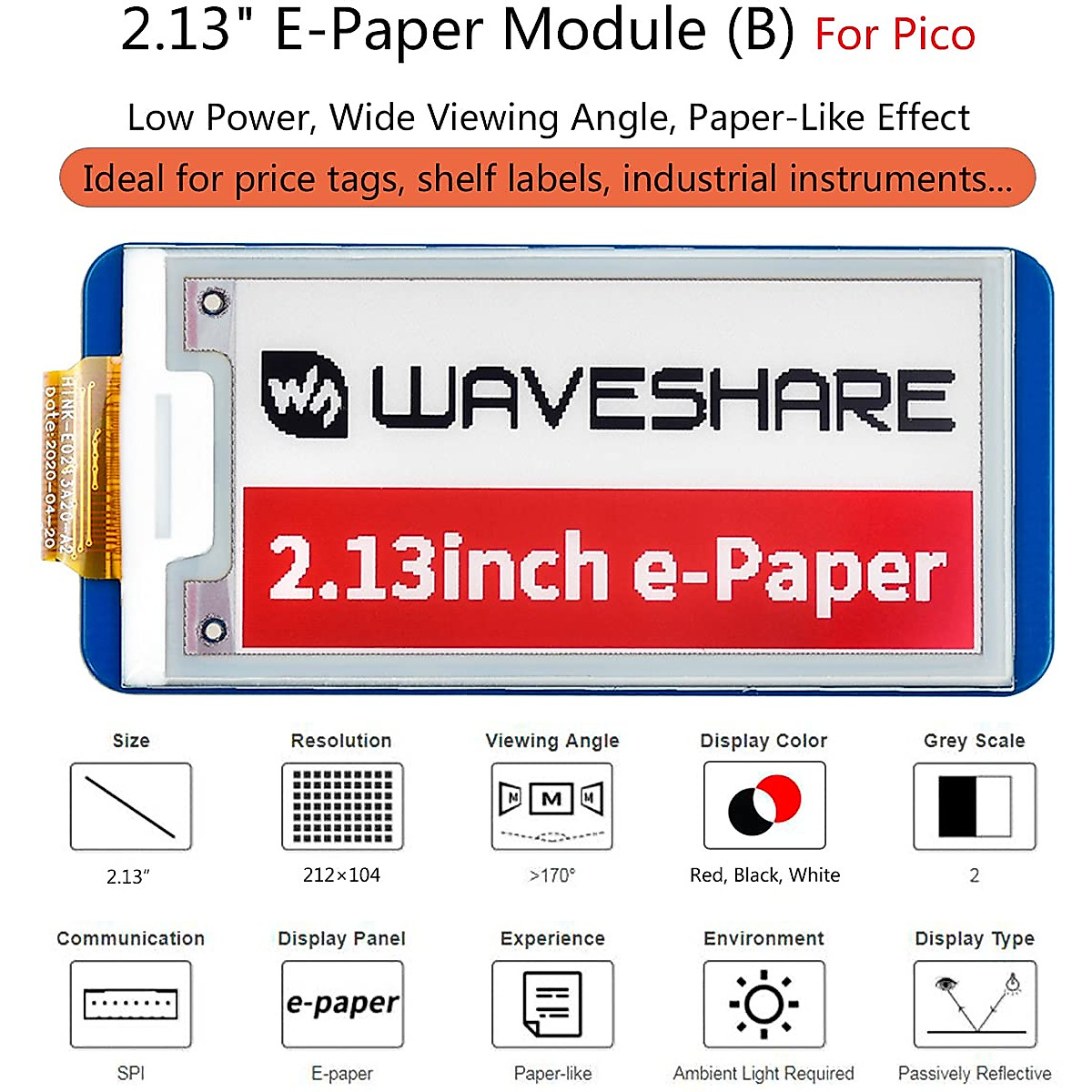 waveshare 2.13inch E-Paper Display Module(B) for Raspberry Pi Pico, 212×104 Pixels Red Black White Three Colors E-Ink Screen LCD SPI Interface Wide Viewing Angle Paper-Like Effect