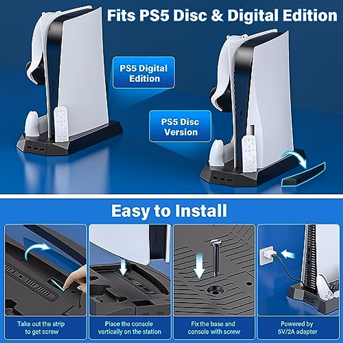 DBEPANK Stand and Cooling Station with Dual Controller Charging Station for PS5 Vertical Stand with Headset Holder for PS5 Accessories for Playstation 5 Console Cooling Fan Stand Black