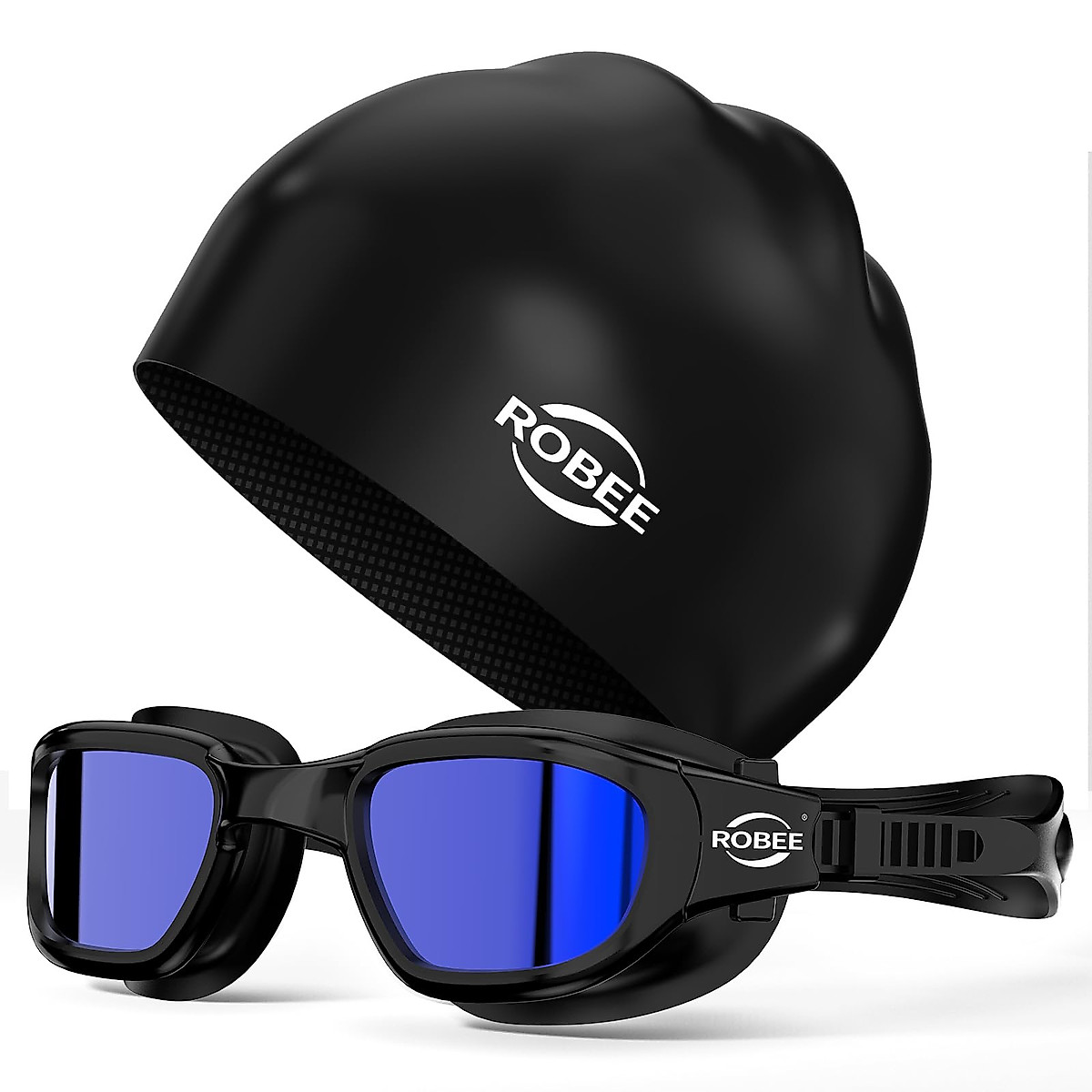 Robee Swim Goggles Silicone Swimming Cap and Carrying Case, Polarized Pool Goggles for Adult Men Women Youth