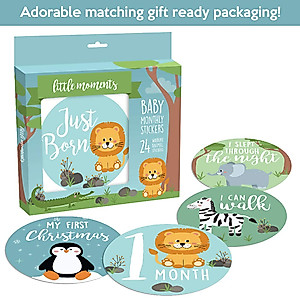 Baby Monthly Stickers | Zoo Animals Baby Milestone Stickers | Jungle Newborn Boy or Girl Stickers | Month Stickers for Baby Boy | Gender Neutral | Unisex Safari Newborn Monthly Milestones (Set of 24)