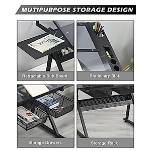 LifeSky Adjustable Drafting Table for Artists - Drawing Table with Storage for Artwork - Glass Art Desk with Drawers for Artists Painters Illustrators Cartoonists