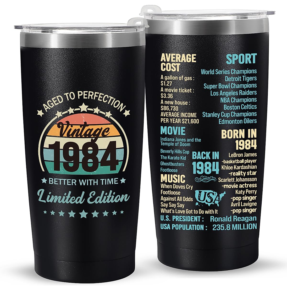 Jettryran 40th Birthday Gifts for Women Men Parents 40 Years Old Gifts- 20 oz Double-sided Vintage 1984 with Time Information Tumbler Cup（black） Turning 40- TB002