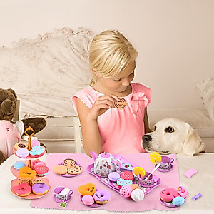 41Pcs Tea Party Set for Little Girls, Pretend Tin Teapot Set, Princess Tea Time Play Kitchen Toy with Dessert, Doughnut, Carrying Birthday Gift Case for Toddlers Age 3 4 5 6