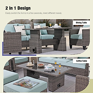 SUNSITT Patio Furniture Set 7-pcs Outdoor Furniture Conversation Sets with Lift Dining Table Wicker Patio Furniture Outdoor Couch Grey Rattan Light Cyan Cushion for Garden, Backyard, Lawn