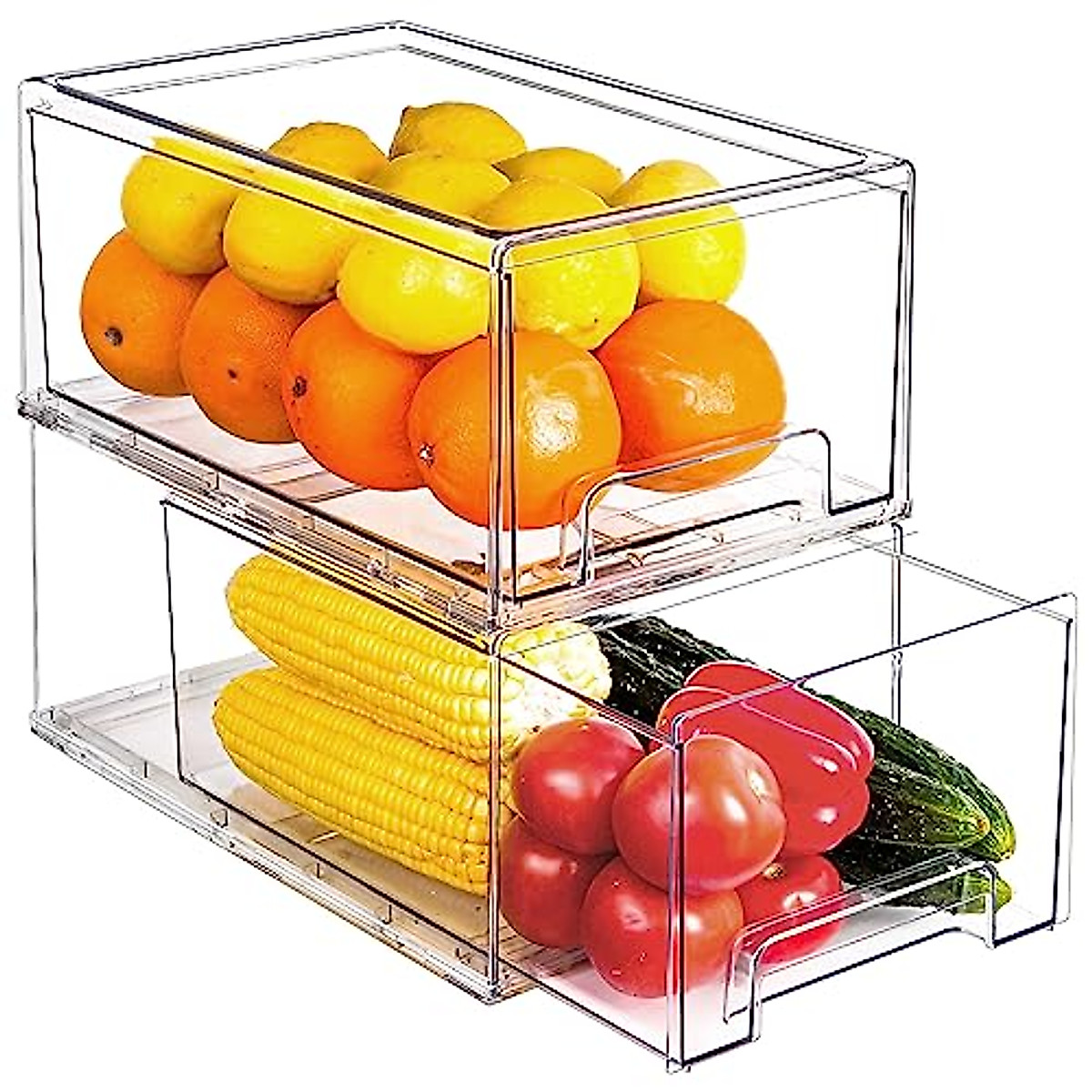 Totexil Fridge Drawers, 2 Pack Clear Stackable Pull Out Refrigerator Organizer Bins,BPA-Free Plastic Pantry Organization and Storage,Clear Storage Bins with Drawers for Kitchen Cabinet Office(X-Large)